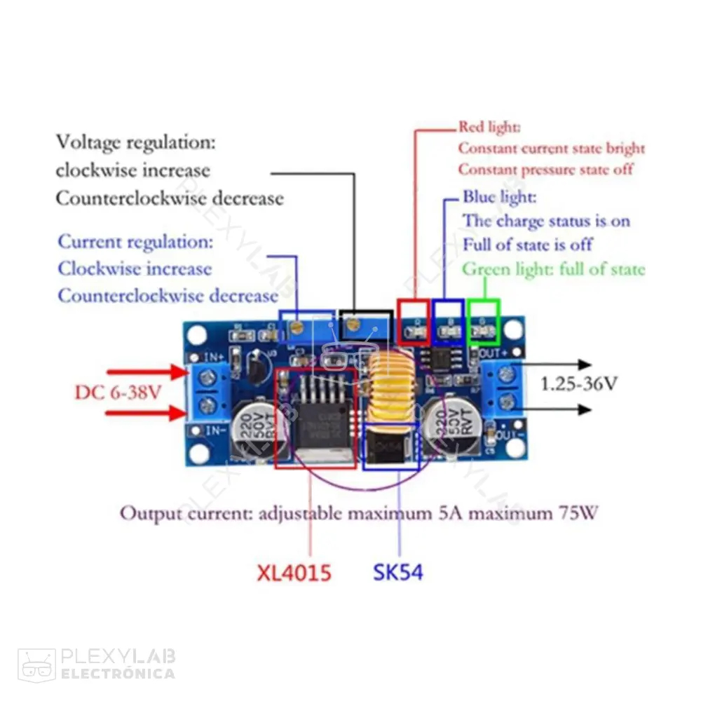 Módulo regulador de voltaje y corriente Step Down DC-DC ajustable XL4015 de 5A | PLEXYLAB