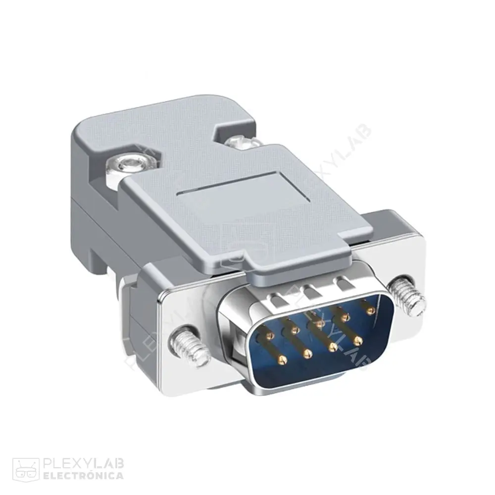 Conector DB9 macho con cubierta protectora para interfaz serial RS-232 | PLEXYLAB
